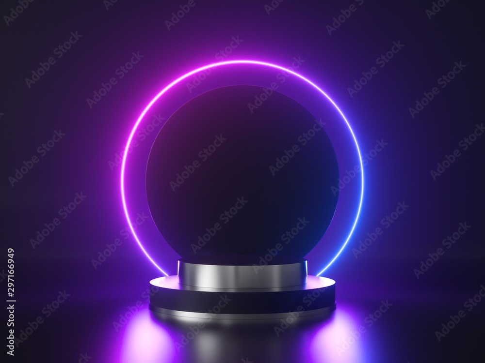 Abstract neon background. 3d pedestal, cylinder platform, shiny ...
