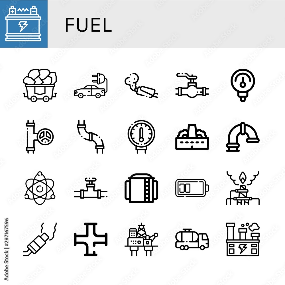Set of fuel icons such as Battery, Coal, Electric car, Muffler, Valve ...