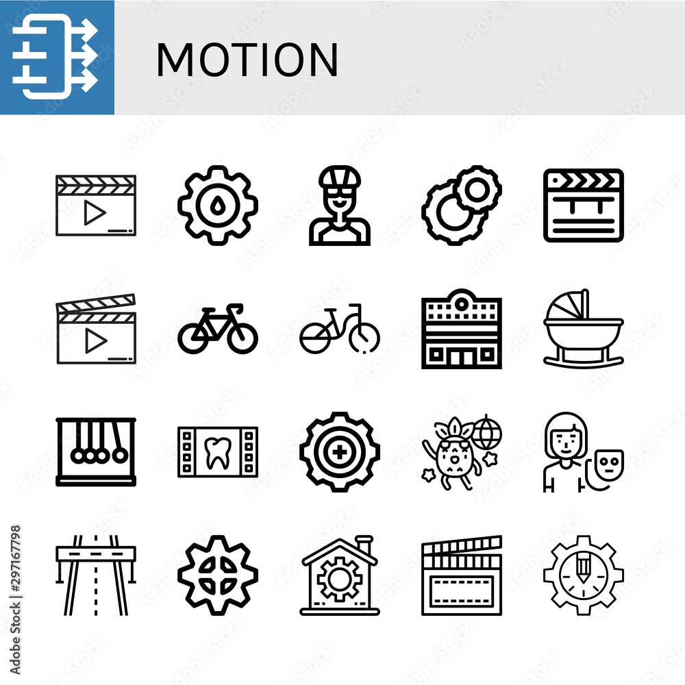 Set of motion icons such as Air quality, Clapperboard, Cogwheel ...