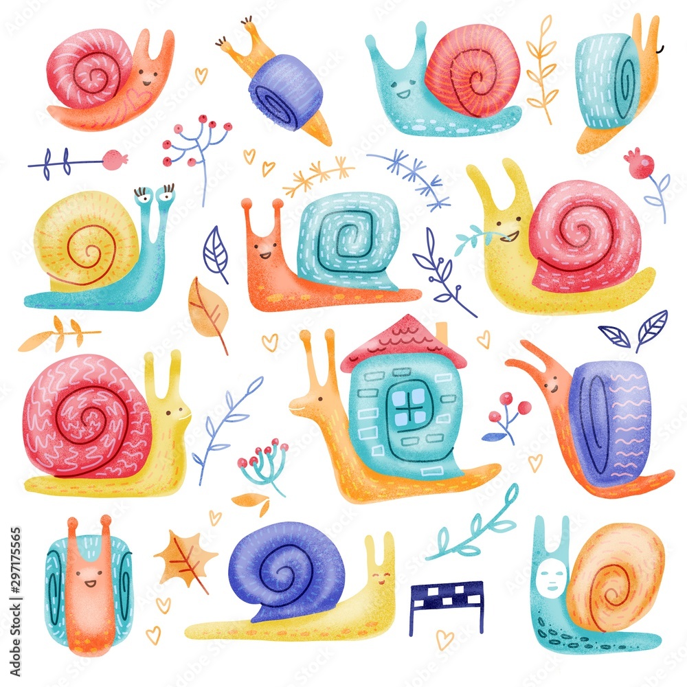 Set of hand drawn childish snails of different behavior shell colours ...
