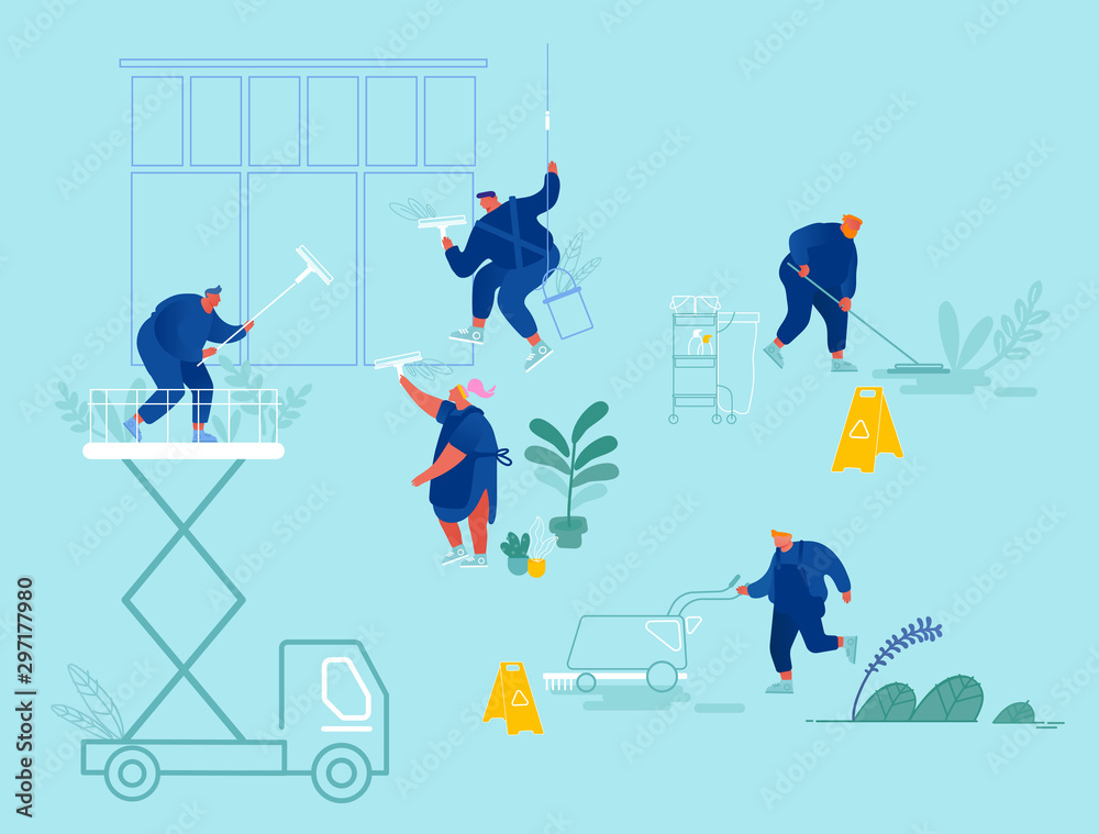 Male and Female Characters in Uniform with Equipment Cleaning Room with ...