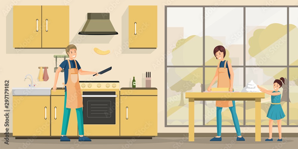 Family cooking lunch flat vector illustration. Happy parents and little ...