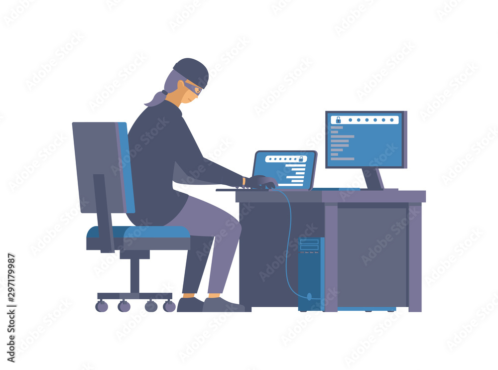 Hacking activity, cybercrime flat vector illustration. Dangerous thief ...