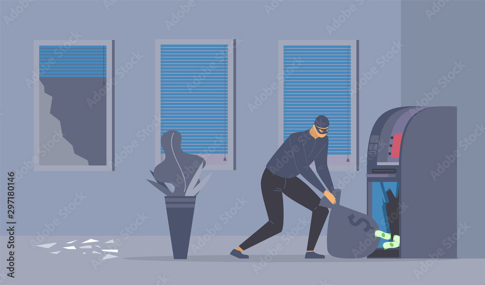 Bank robbery attempt flat vector illustration. Dangerous robber with ...
