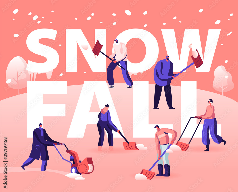 Snowfall Concept. Happy People Shoveling and Removing Snow from Street ...
