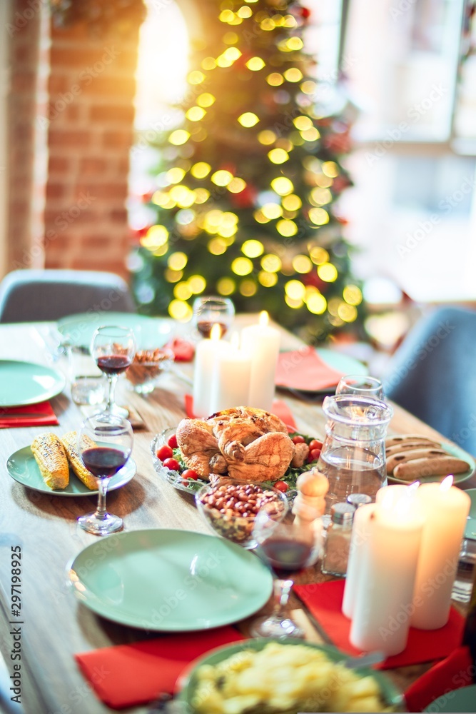 Setting of christmas table on festive holidays, full of traditional ...