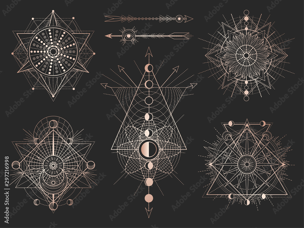 Vector set of Sacred geometric symbols and figures on black background ...