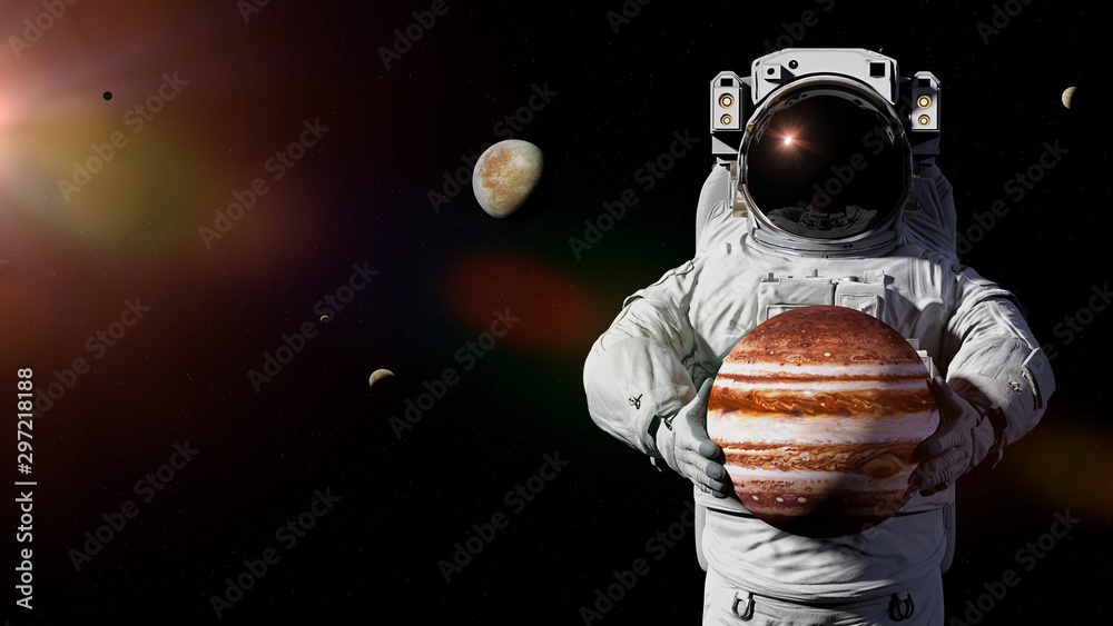 astronaut holding planet Jupiter, moons orbiting the gas giant Stock ...