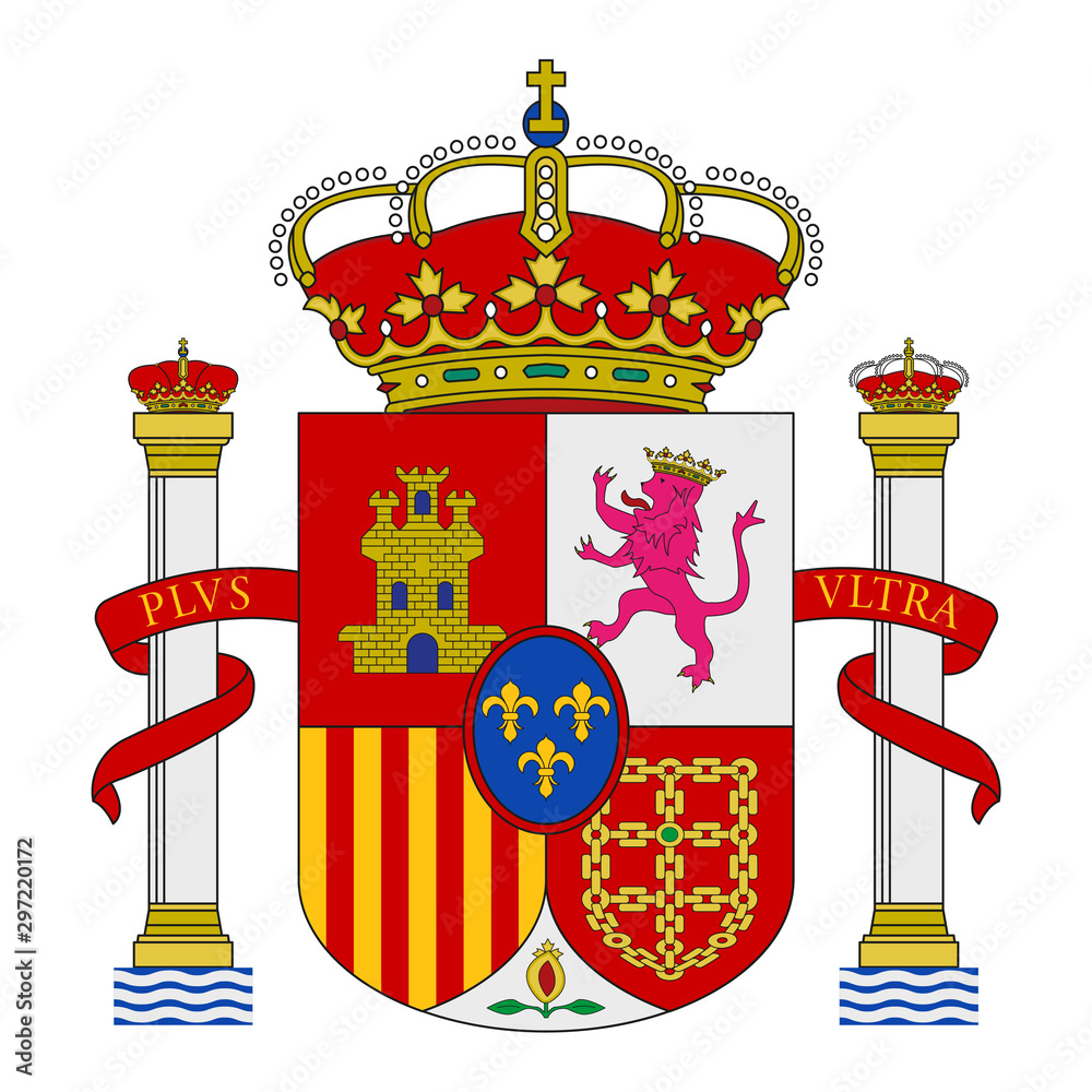 Spanish coat of arms with crowns, a lion and a castle on the background ...