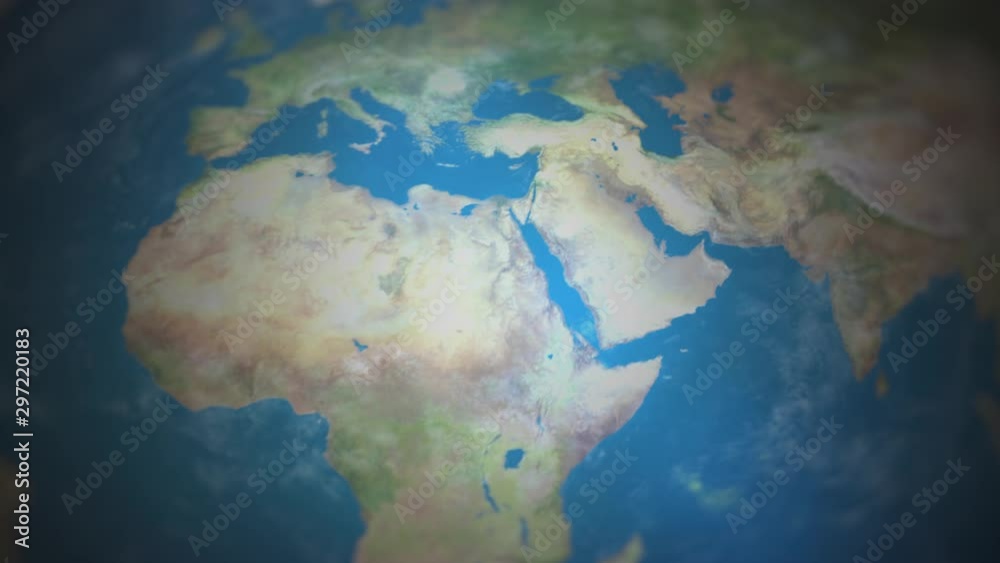 View of the world map with the camera flying over and focusing on West ...