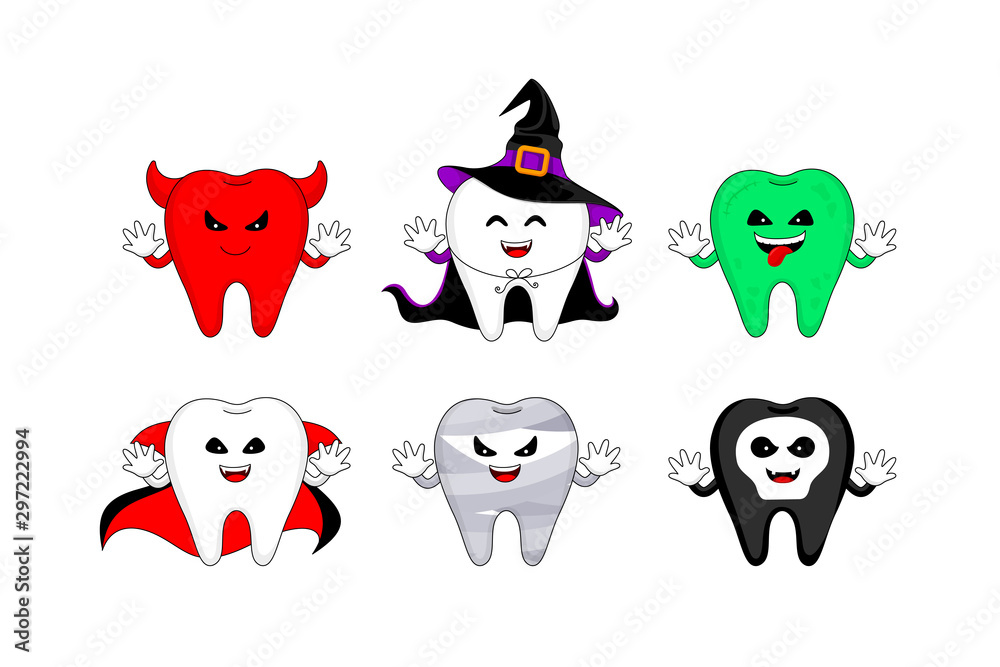 Funny cartoon tooth halloween character design. witch, devil, zombie ...