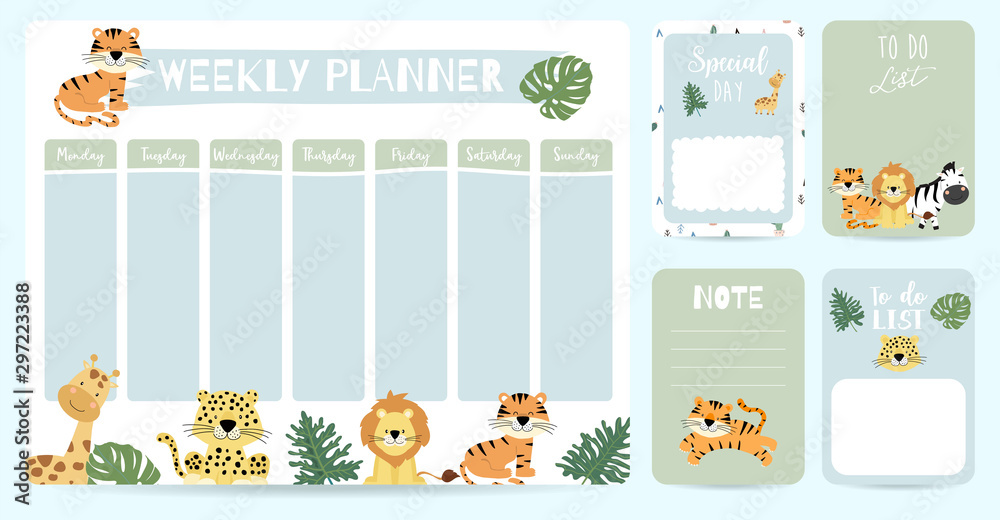cute animal weekly planner background with giraffe,tiger,lion,leopard ...