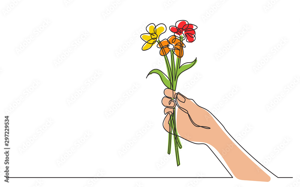 continuous line drawing of hand holding flower bouqet Stock Vector ...