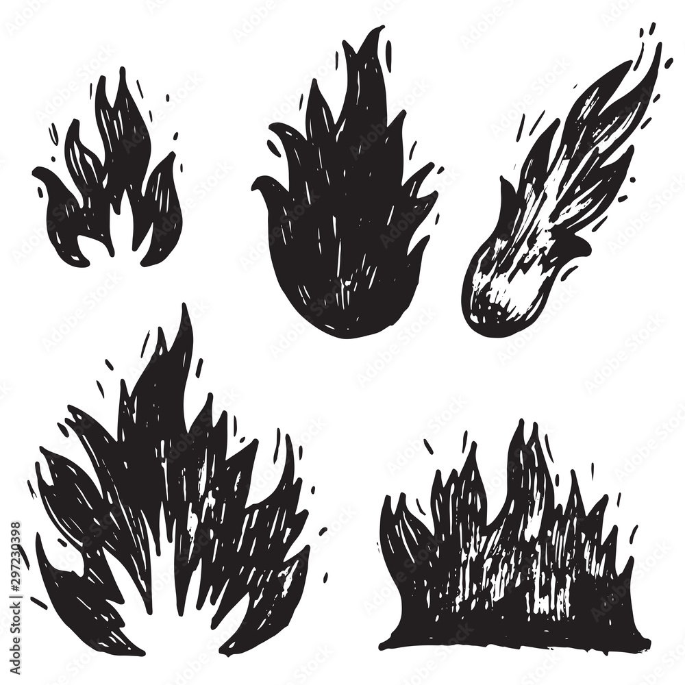 Set of hand drawn fire and fireball .Doodle Sketch Fire. vector ...