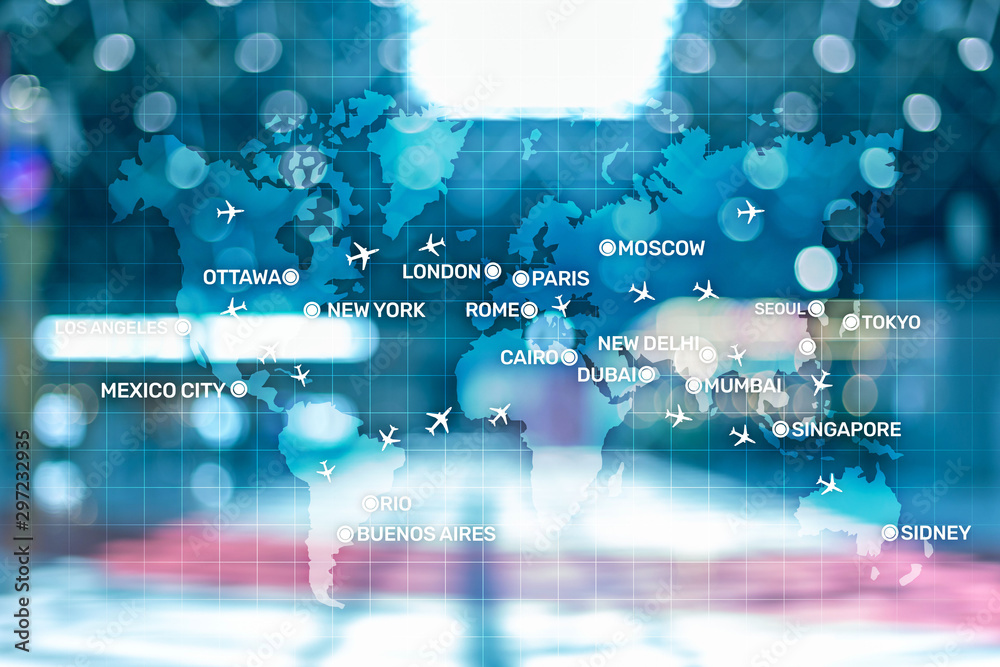 Aviation wallpaper with planes over the map with major city names ...