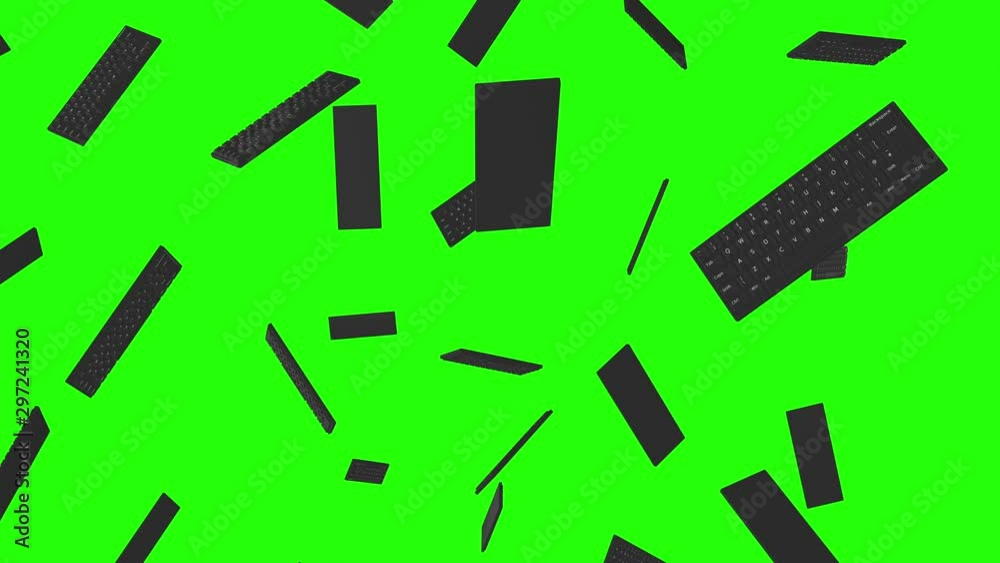 Rain of 3d computer black keyboards falling and fluttering on green ...