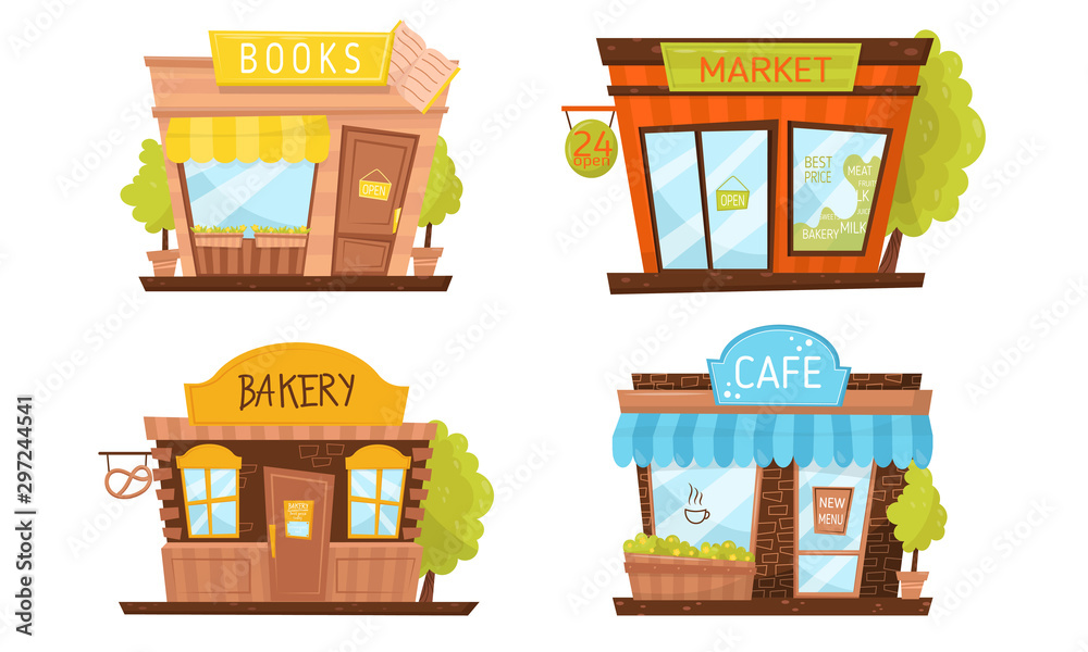 Shop Building Facade Vector Illustrated Set. Elements Isolated On White ...
