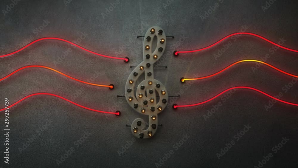 Illuminated treble clef symbol with flickering neon light tubes. Music ...