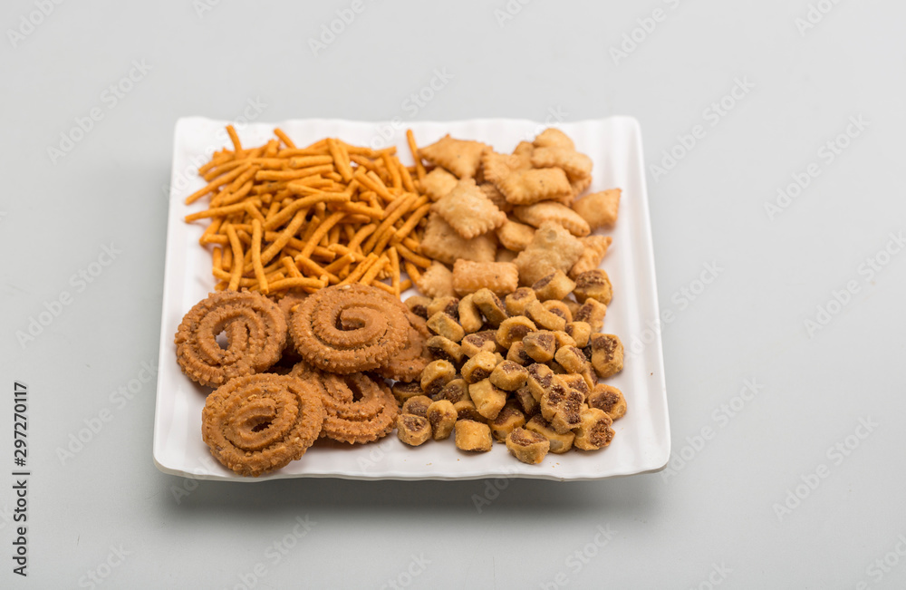 Diwali Snacks or Diwali sweets, like chakli, sev, bhujiya, shakar pare ...
