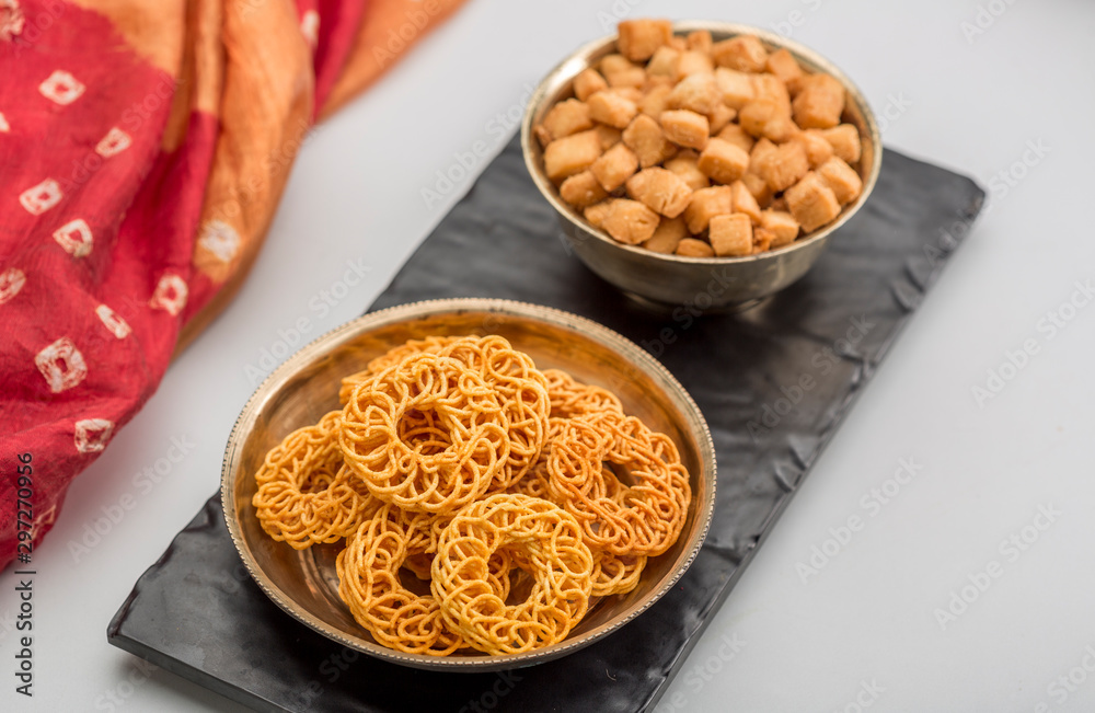 Diwali Snacks or Diwali sweets, like chakli, sev, bhujiya, shakar pare ...