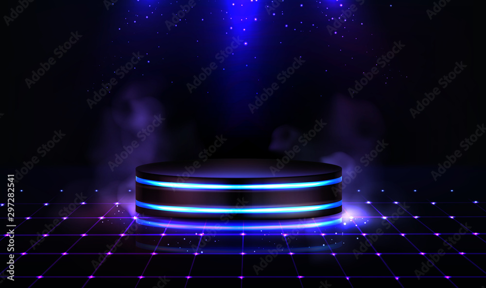 Neon podium with smoke and sparkles. Empty stage in nightclub, dance ...