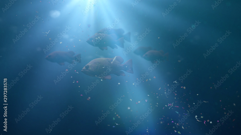 fish swarm swimming through plastic pollution, micro plastic particles ...