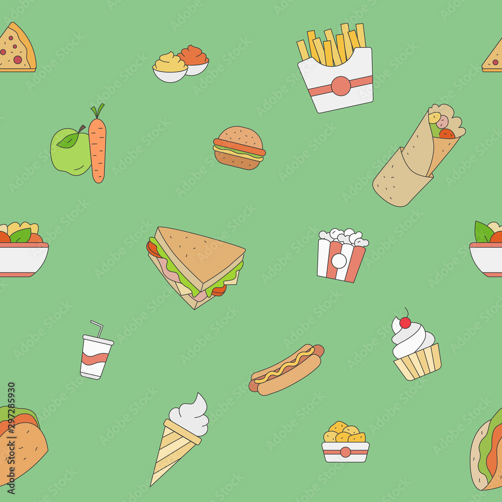 Fast Food background - Vector color seamless pattern of sandwich ...