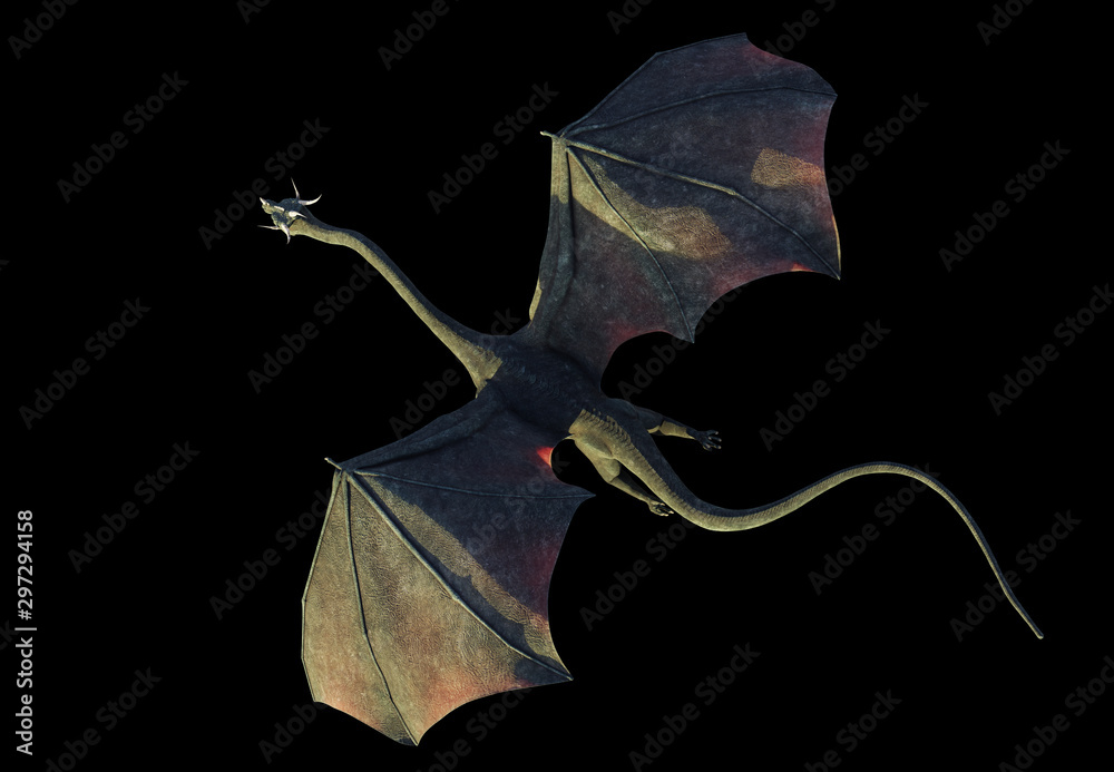dragon, winged creature flying, top view isolated on black background ...