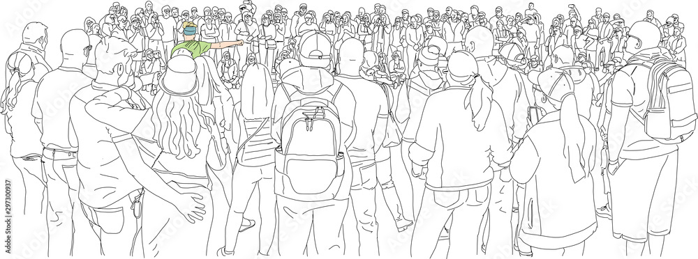 Hand drawn illustration. A crowd of people gather in a circle to see a ...