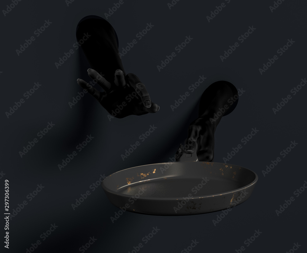 Black chef hands holding pan isolated on black, abstract illustration ...