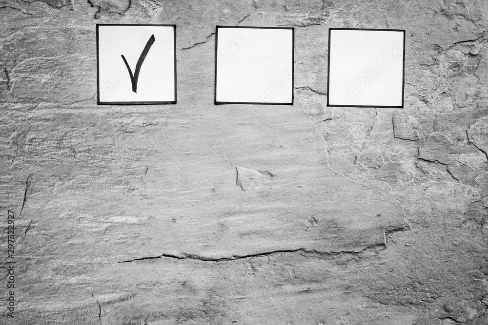 Check mark in check-box of check list on grey background top view copy ...