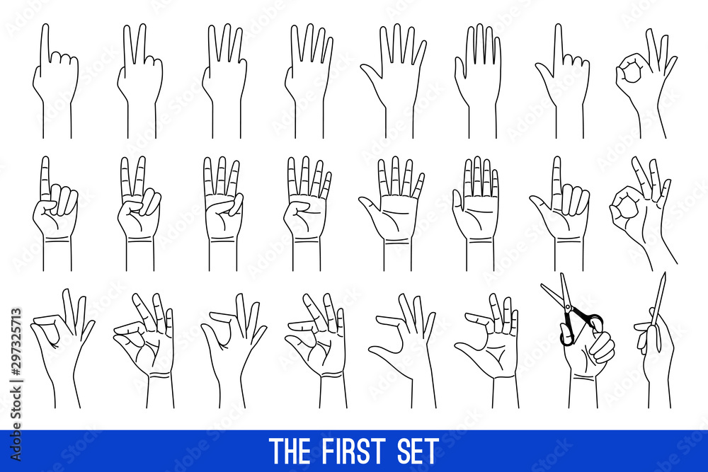 Woman hands gestures outline icons. Ladies hands linear vector icons ...