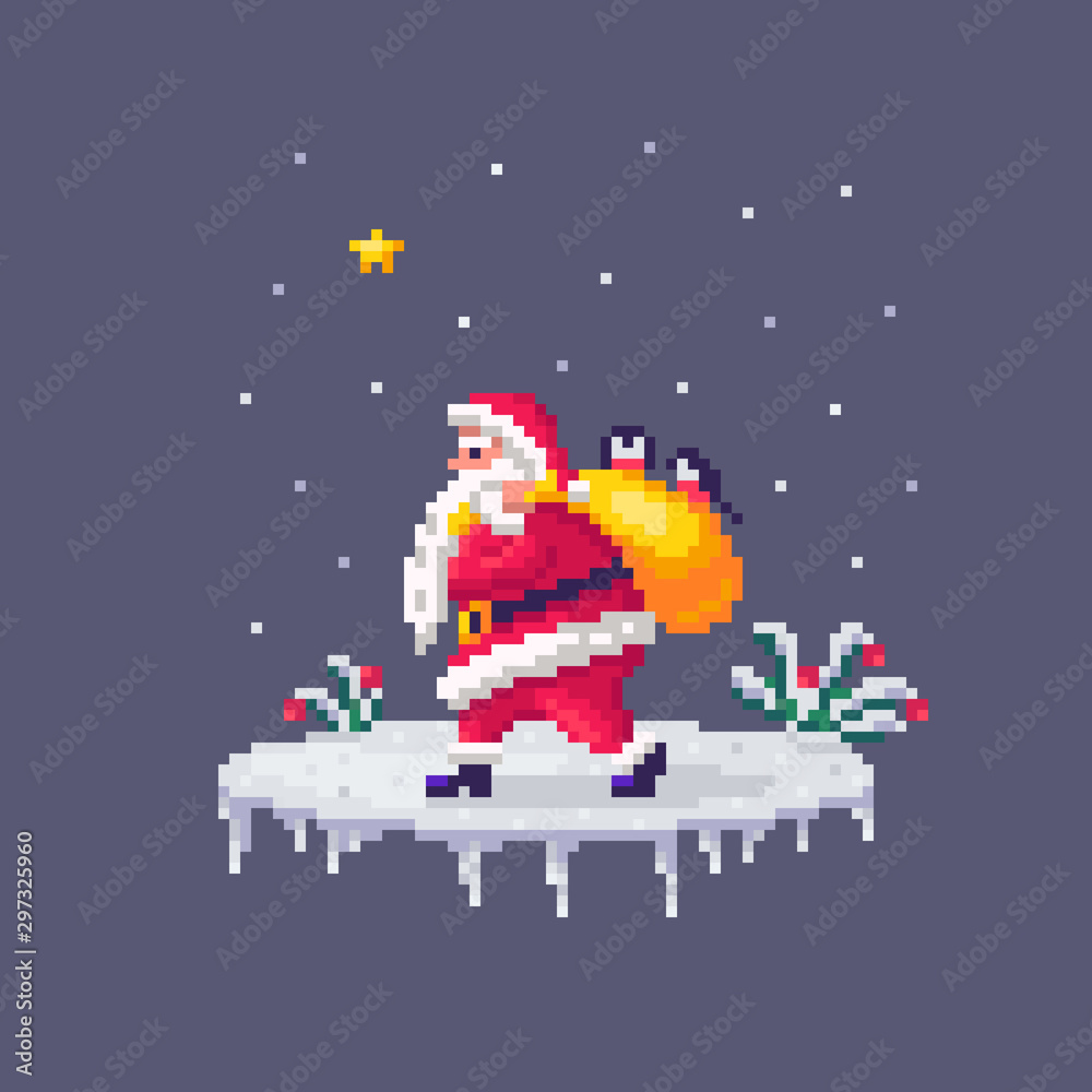 Pixel art Santa Claus carries a bag of gifts on his back. Stock Vector ...