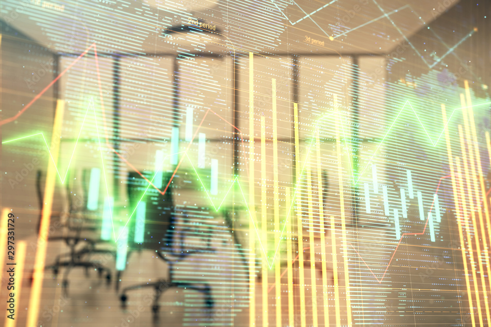 Double exposure of stock market graph with globe hologram on conference ...