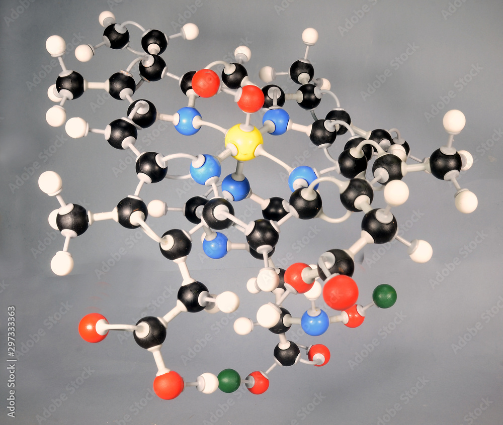 Molecule model of the Heme B molecule. White is Hydrogen, black is ...