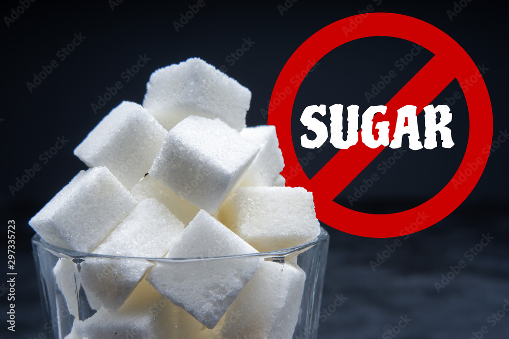 No Sugar concept. Healthy diet and living concept. Heaps of sugar cubes ...