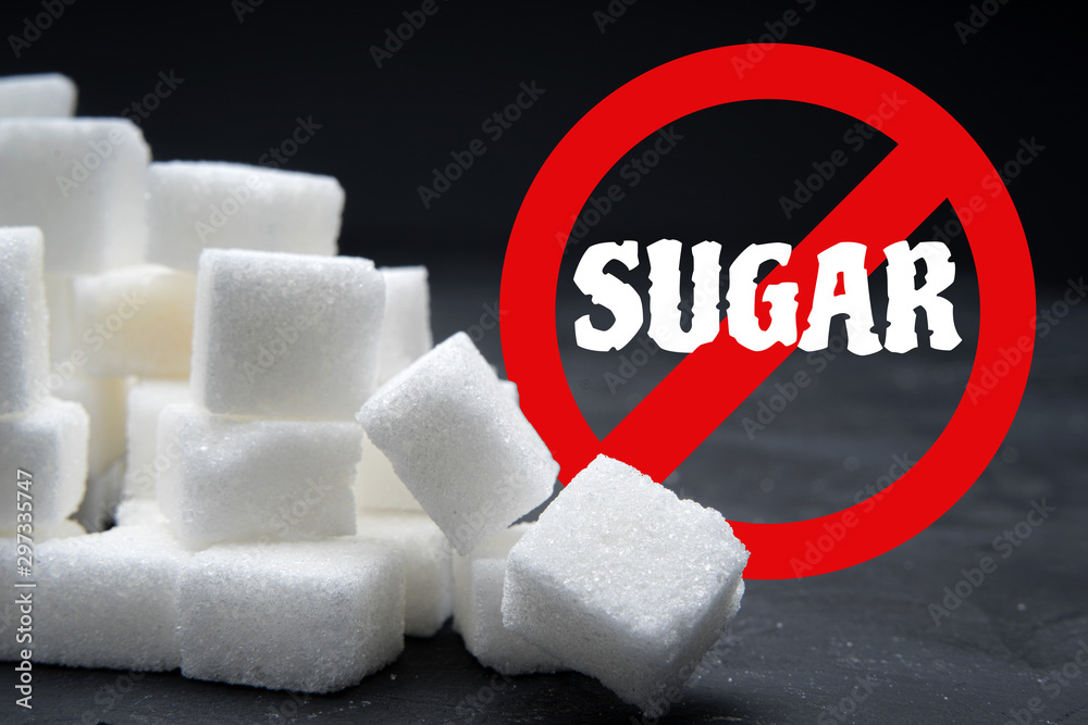 No Sugar concept. Healthy diet and living concept. Heaps of sugar cubes ...