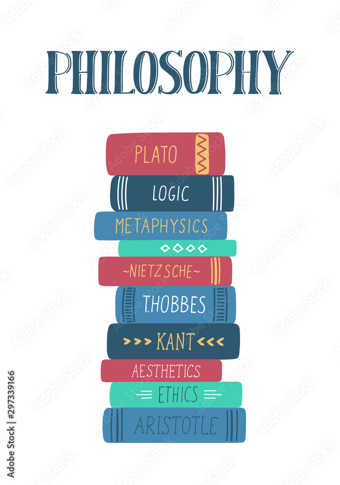Philosophy books stack with hand drawn lettering on white background ...