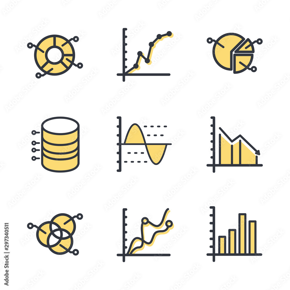 Set of Charts and Diagrams icon template color editable. Dot Plot, 3D Chart, Trend and more ...
