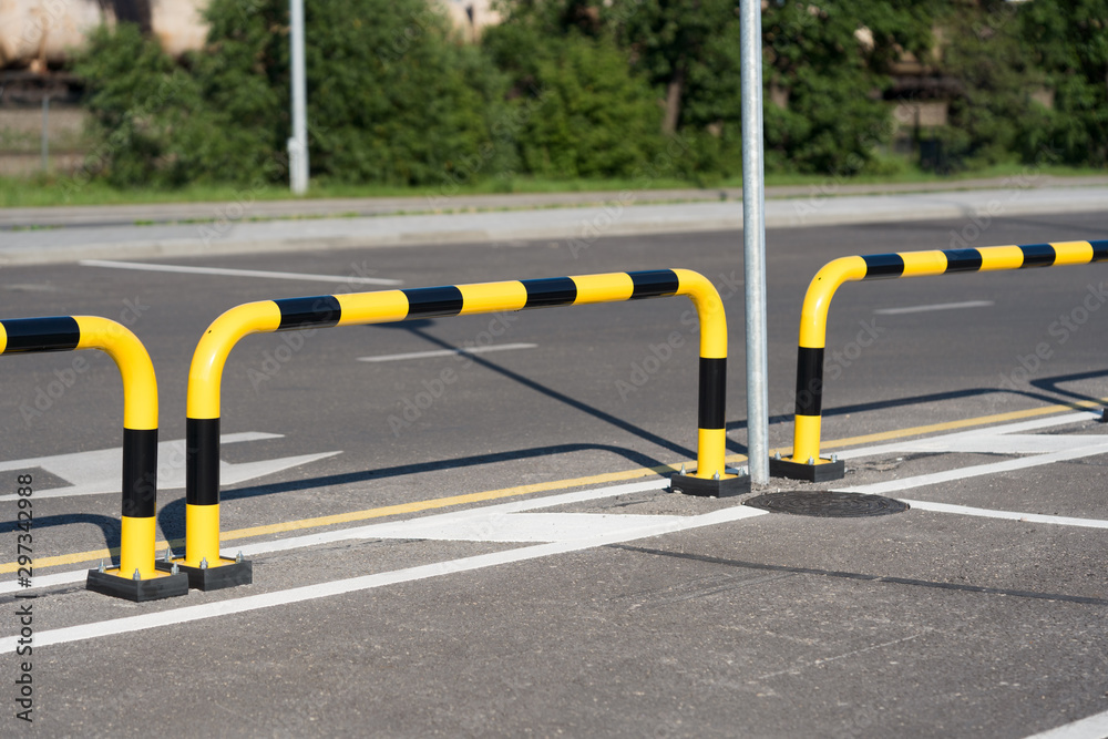 Car parking safety Bollard Guard black yellow steel pipe Stock Photo ...