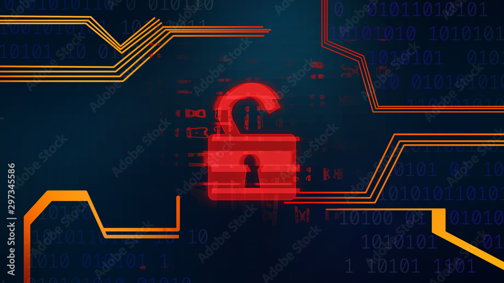 Cyber security. Red opened padlock lock on digital screen Stock ...
