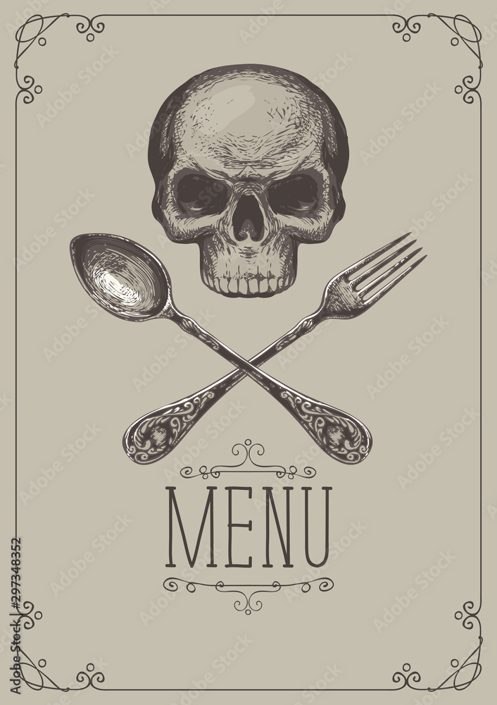 Vector restaurant menu with hand-drawn human skull and crossed fork and ...