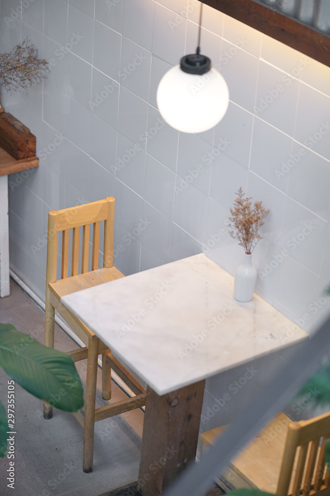 Cafe. Table for 2 at the cafe with empty wooden stools. Stock Photo ...