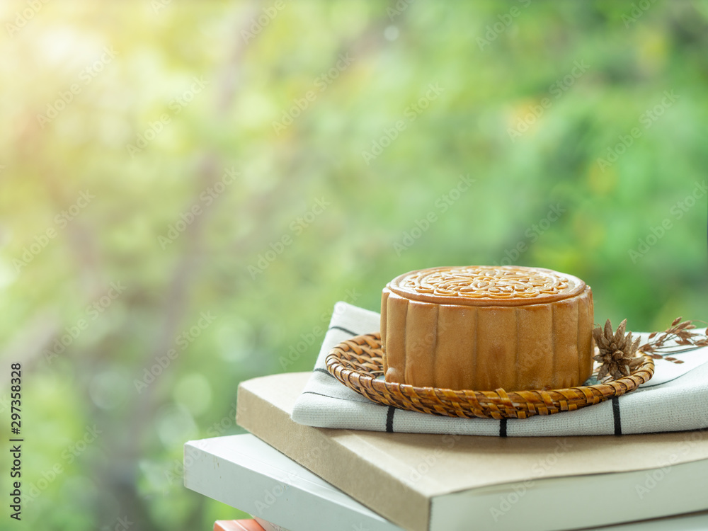 One piece of Mooncake with nature light nature background, copy space ...