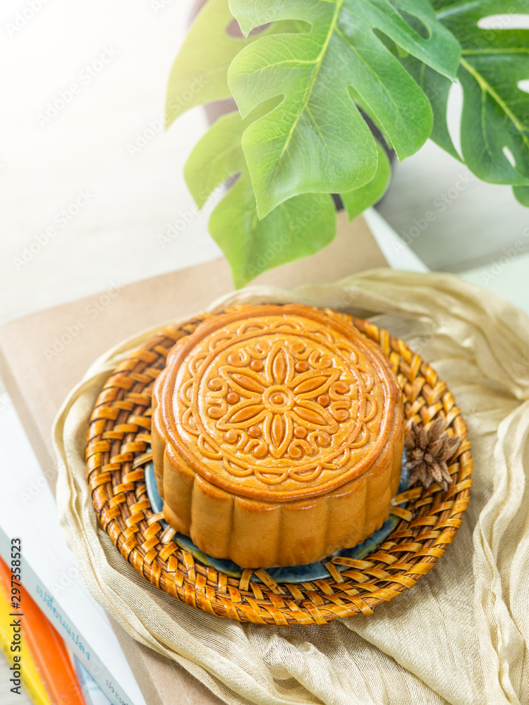 One piece of Mooncake with nature light nature background, copy space ...