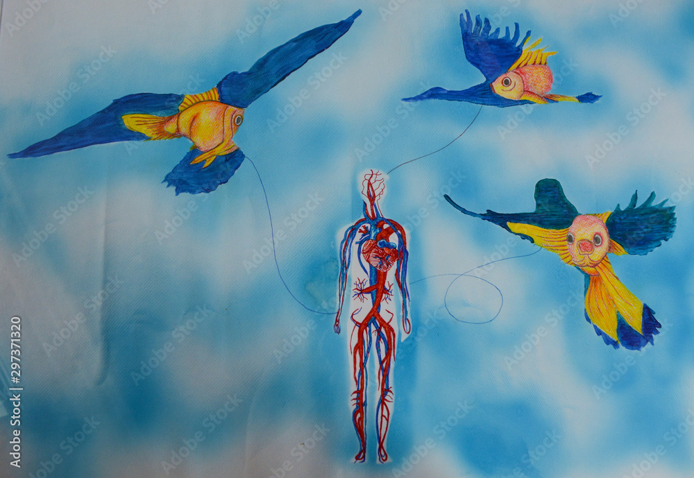 Surrealistic Drawing of a Human Figure with fishes looking out of birds ...