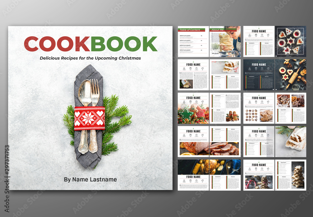 Square Book Layout with Red and Green Accents Stock Template | Adobe Stock