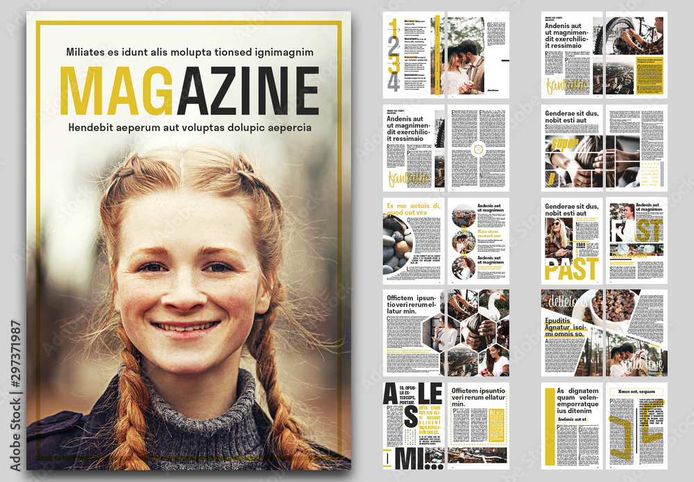 Magazine Layout with Yellow Accents Stock Template | Adobe Stock