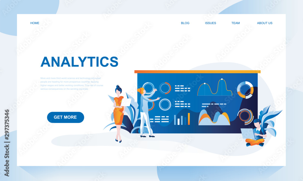 Analytics vector landing page template with header. Statistics research ...