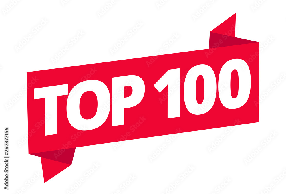 Top 100. Best ten list. Red word on ribbon. Winner tape award text ...